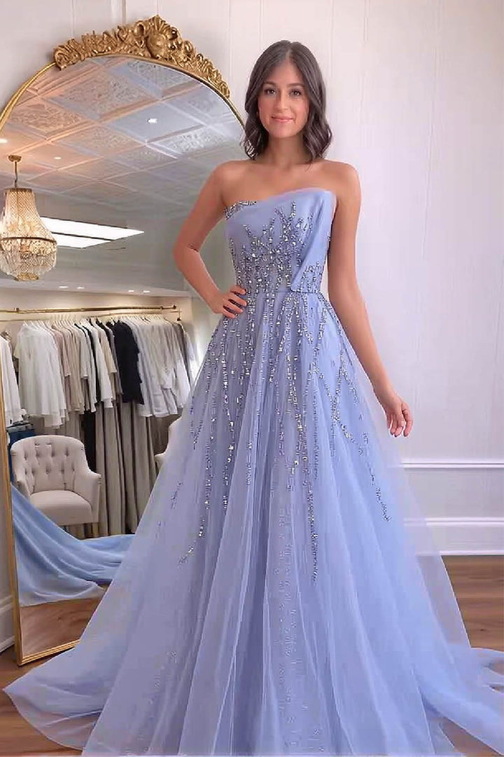 2026 Strapless Light Blue Prom Dress with Sequin Tulle Senior Prom ...