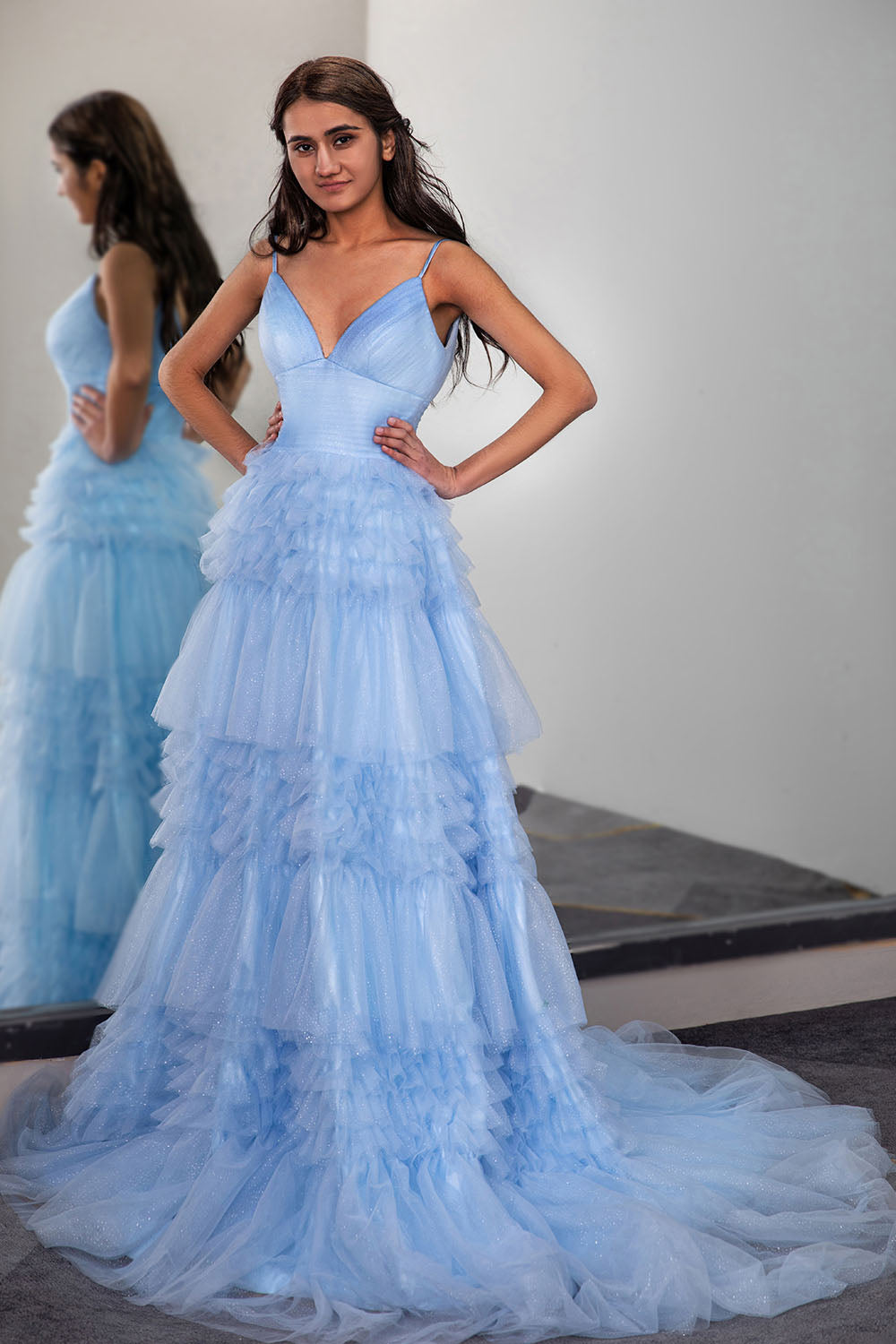 Llella Light Blue Long Cute Prom Dress Sleeveless Tiered Pageant ...