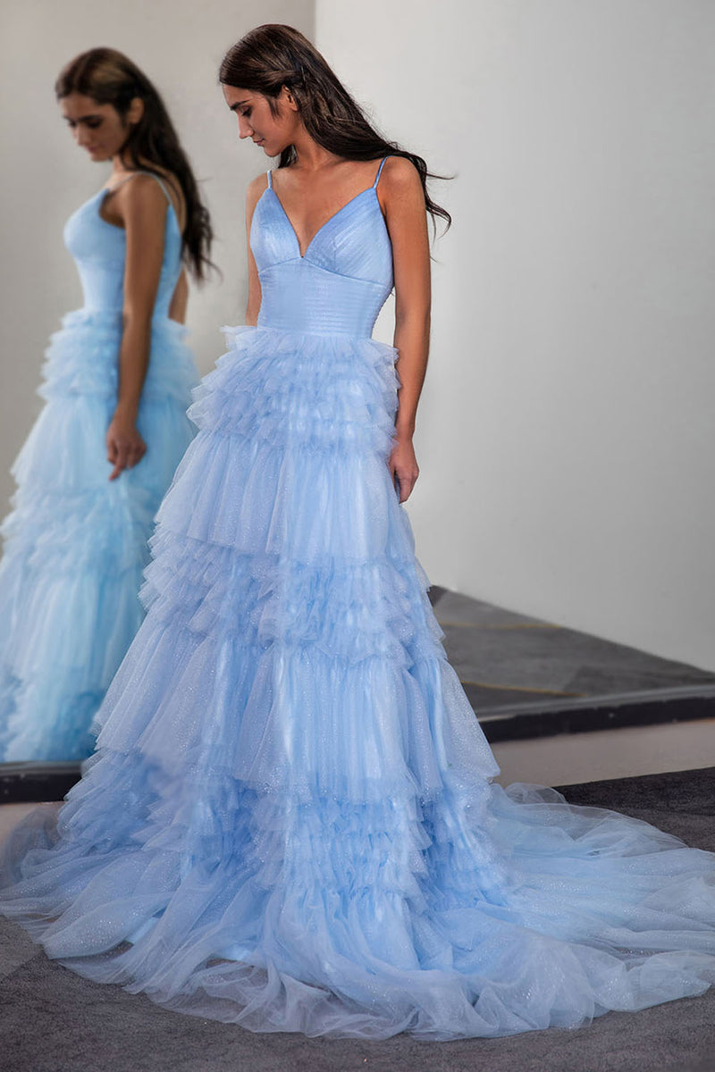 Llella Light Blue Long Cute Prom Dress Sleeveless Tiered Pageant ...