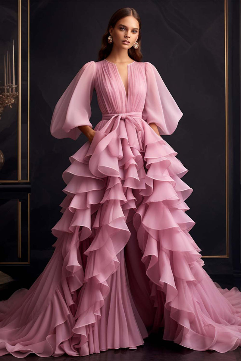 Llella Pink Ruffle Prom Gown with Long Sleeves Pageant Dresses 2025 ...