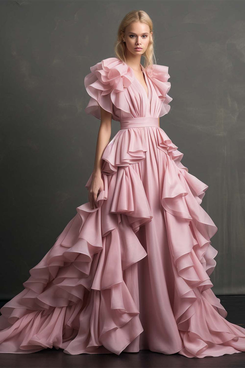 Llella Cute Pink Long V-neck Prom Formal Gown with Ruffle Sleeves – LLELLA