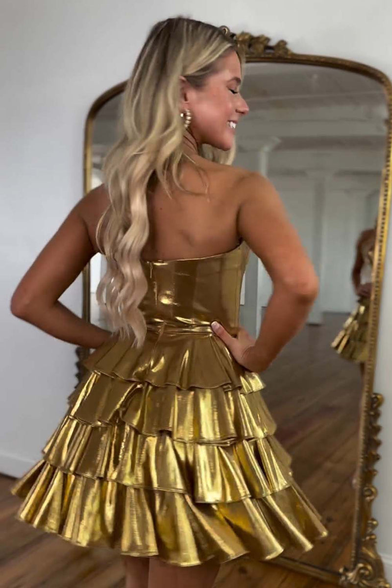Llella Tiered Metallic Ruffle Cute Corset Bodice Homecoming Dress – LLELLA