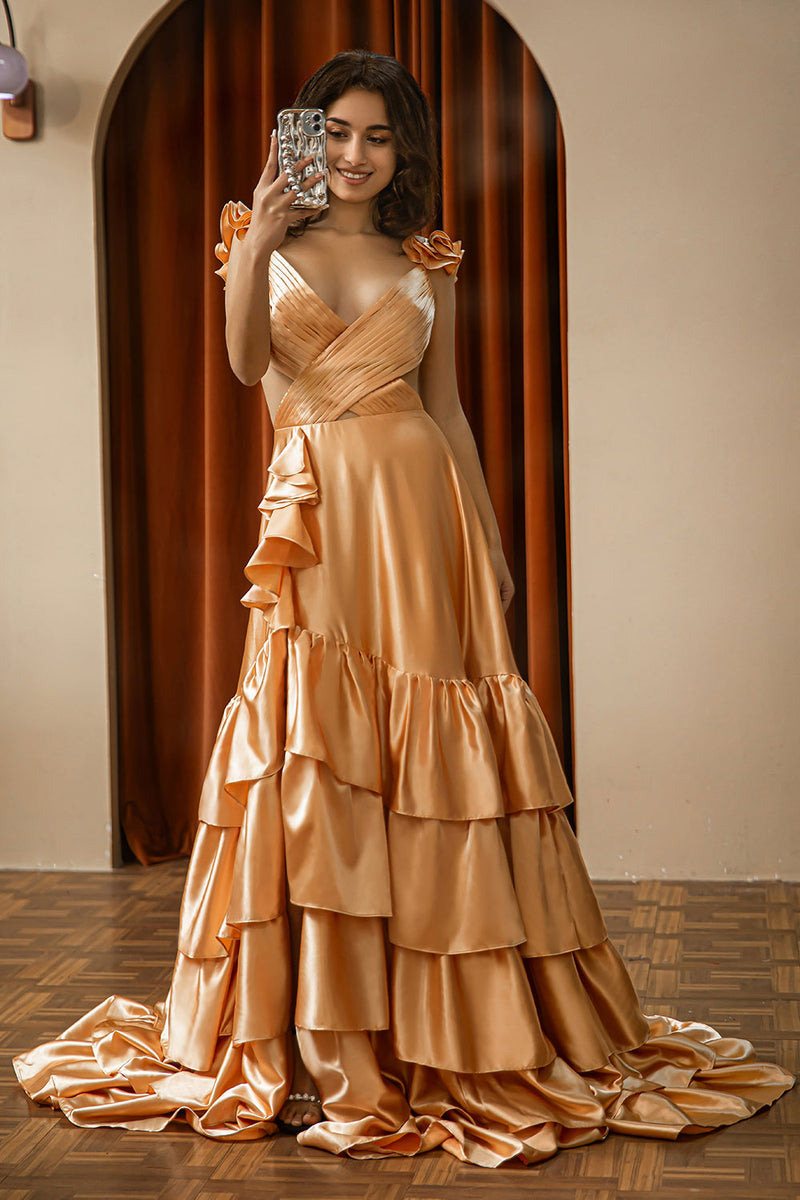 Llella V-neck Ruffle Slit Senior Open Back Satin Long Prom Dress – LLELLA